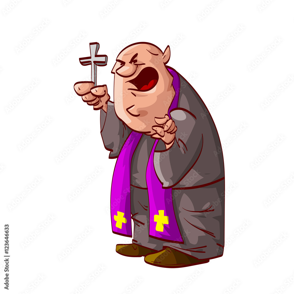 Colorful vector illustration of a angry cartoon catholic priest, acting ...
