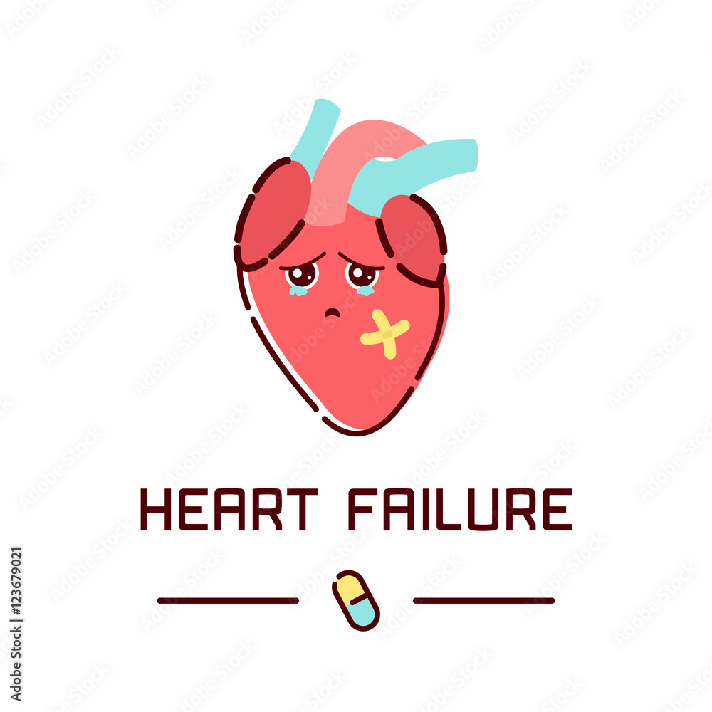 Heart failure disease awareness poster with sad cartoon heart on white ...