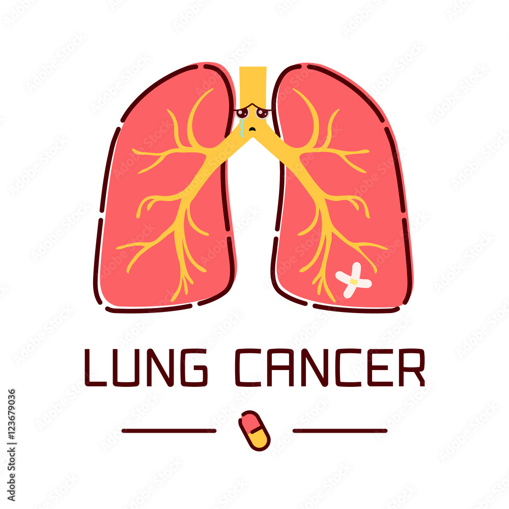 Lung cancer awareness poster with sad cartoon lungs character on white ...