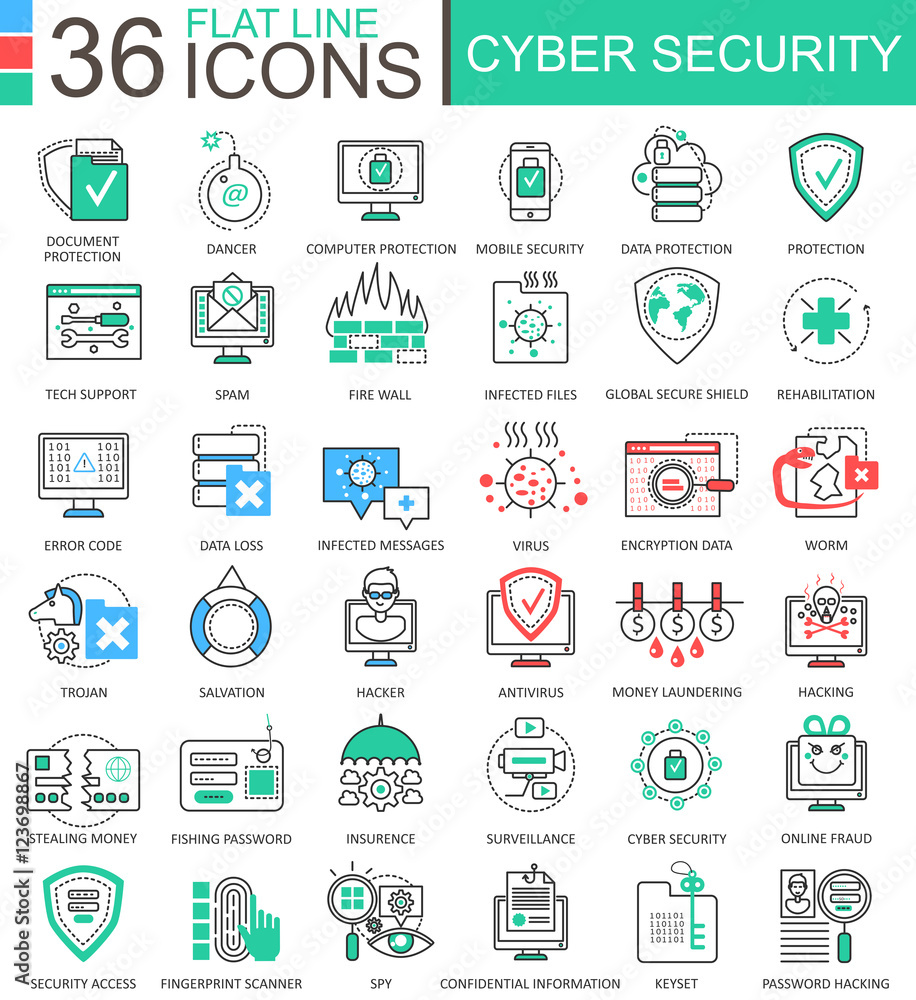 Vector Cyber security modern color flat line outline icons for apps and ...
