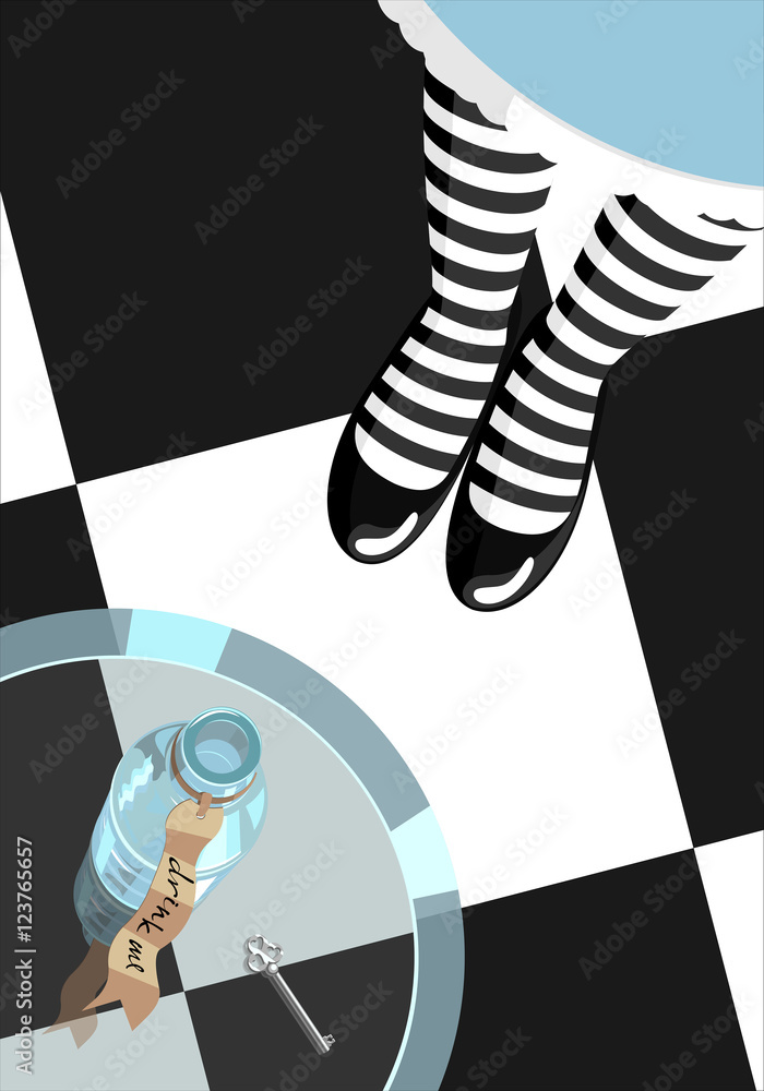 Alice in wonderland. Background. Alice looks at key and potion on glass ...