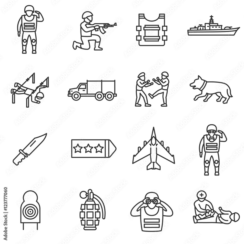 Army, line icons set. Military service, symbols collection. Servicemen ...