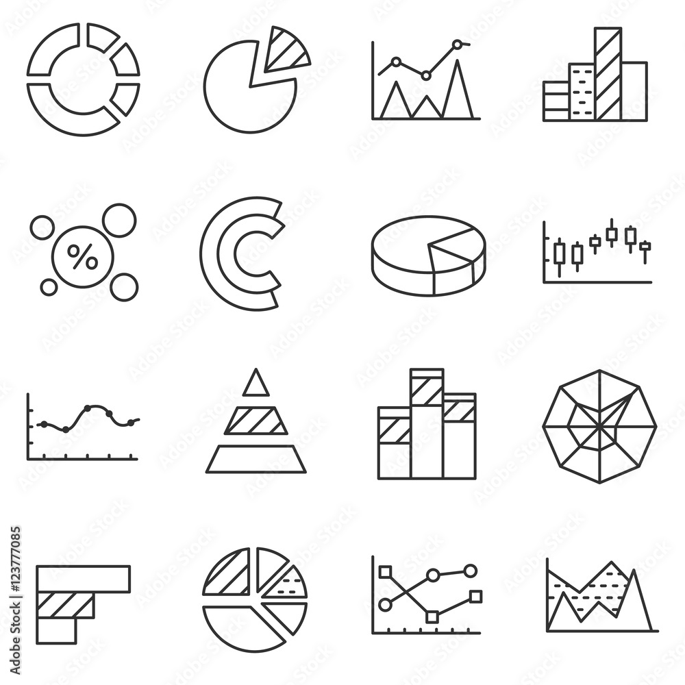 Charts and graphs, line icons set. Statistics chart, symbols collection ...