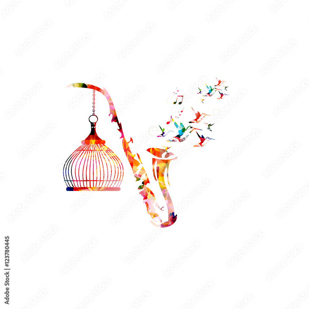 Music template vector illustration, colorful saxophone, creative music ...