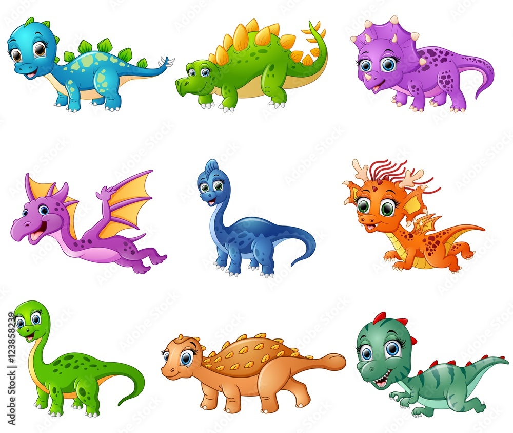 Set of cartoon dinosaurs collections Stock Vector | Adobe Stock
