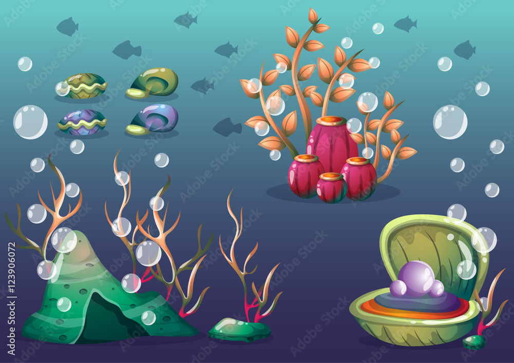 cartoon vector underwater objects with separated layers for game art ...