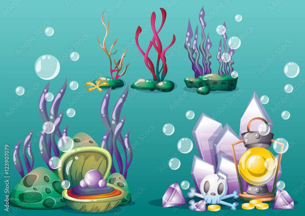cartoon vector underwater objects with separated layers for game art ...