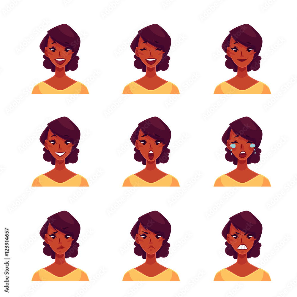 African girl face expression, set of cartoon vector illustrations ...