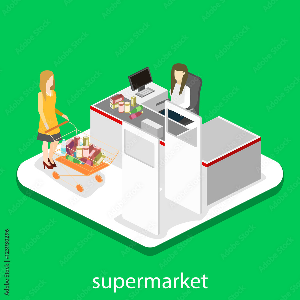 Isometric interior of grocery store. Shopping mall flat 3d isometric ...