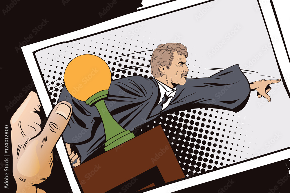 Angry judge shows a finger from the podium. Stock Vector | Adobe Stock