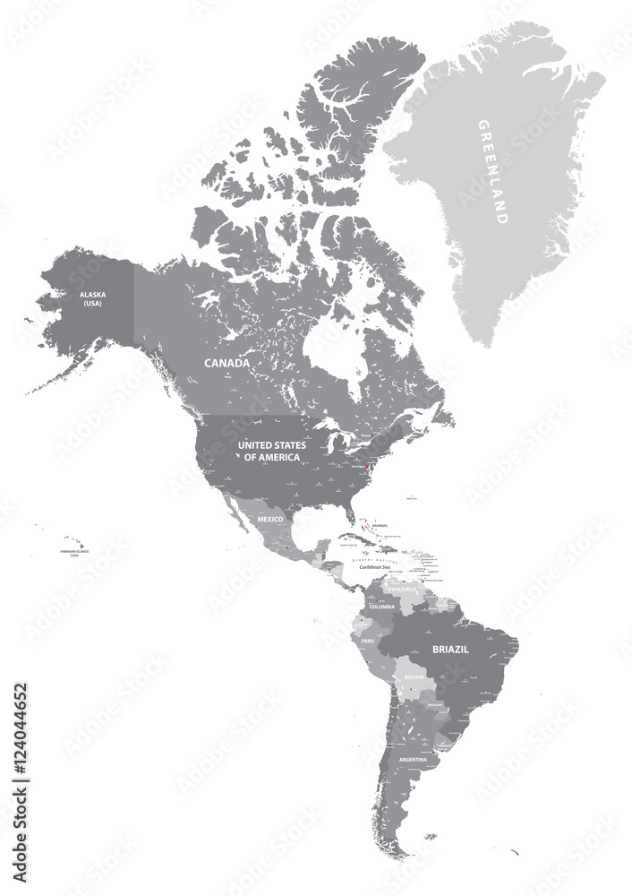 North and South America high detailed political map in grey scales. All ...
