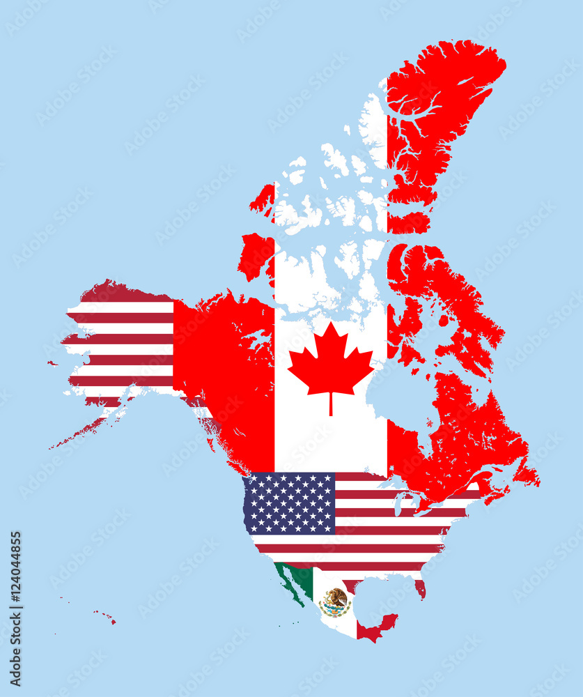 Canada, United States and Mexico map combined with flags Stock Vector ...