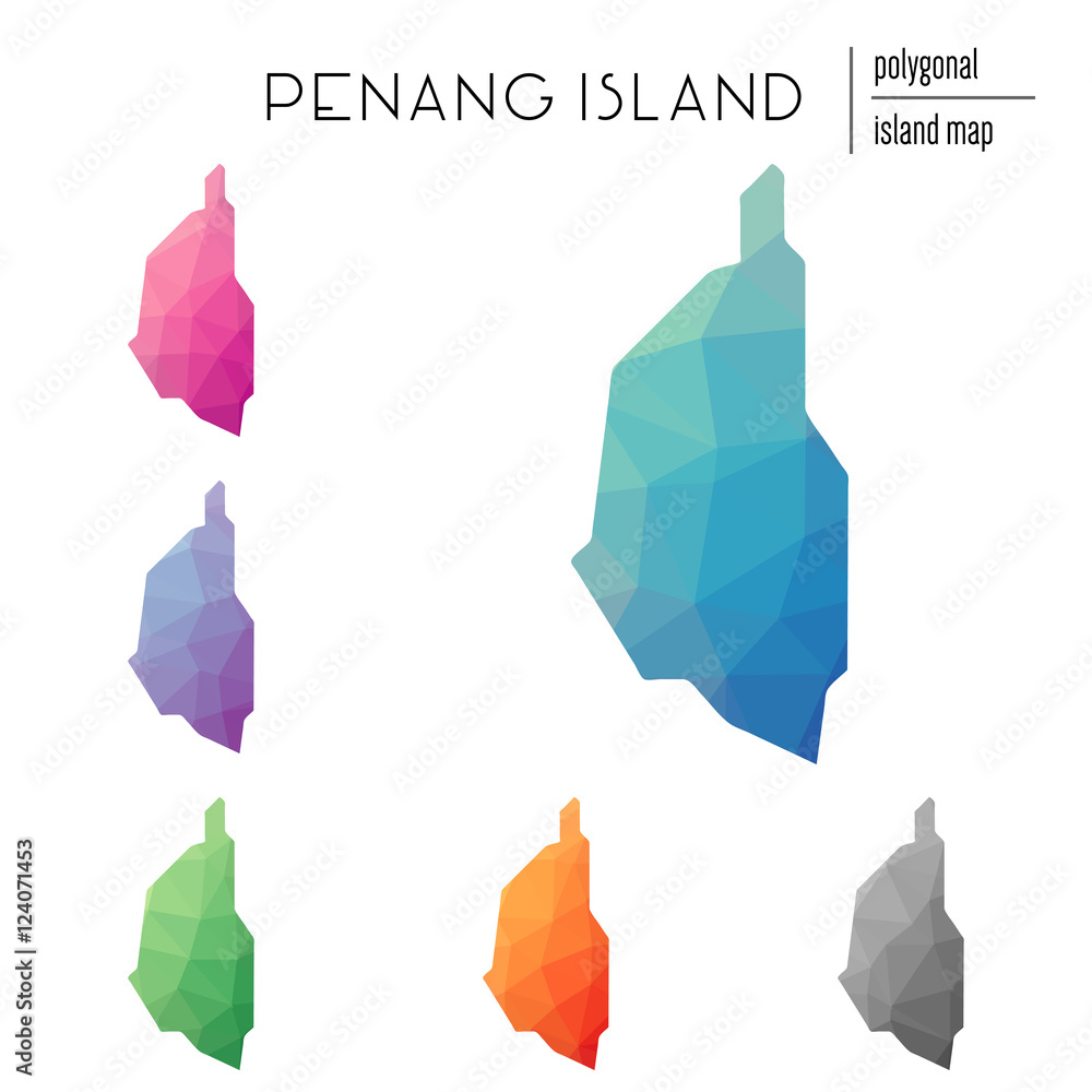 Set of vector polygonal Penang Island maps filled with bright gradients ...