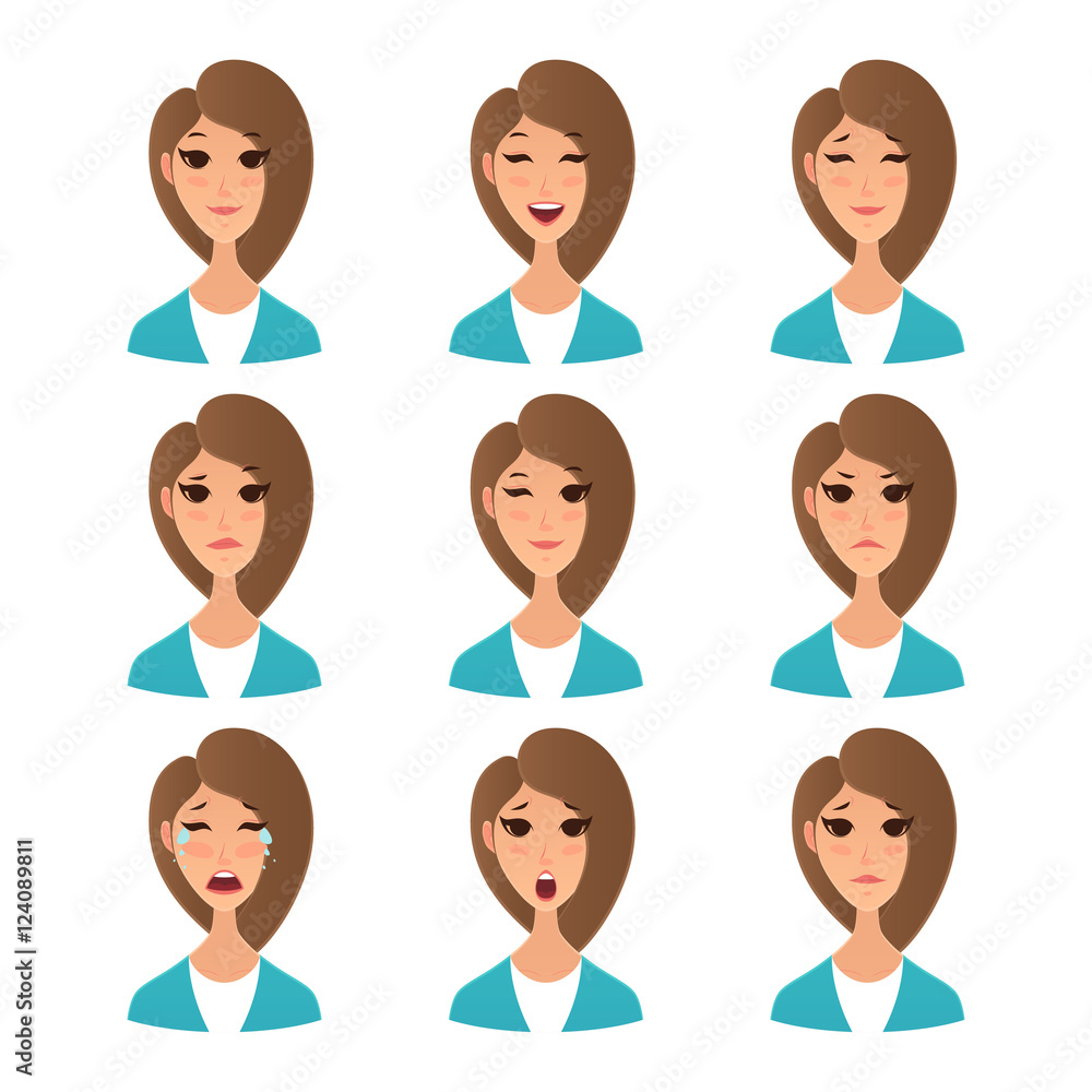 Cartoon girl emotion faces. Set of woman expressions isolated on white ...