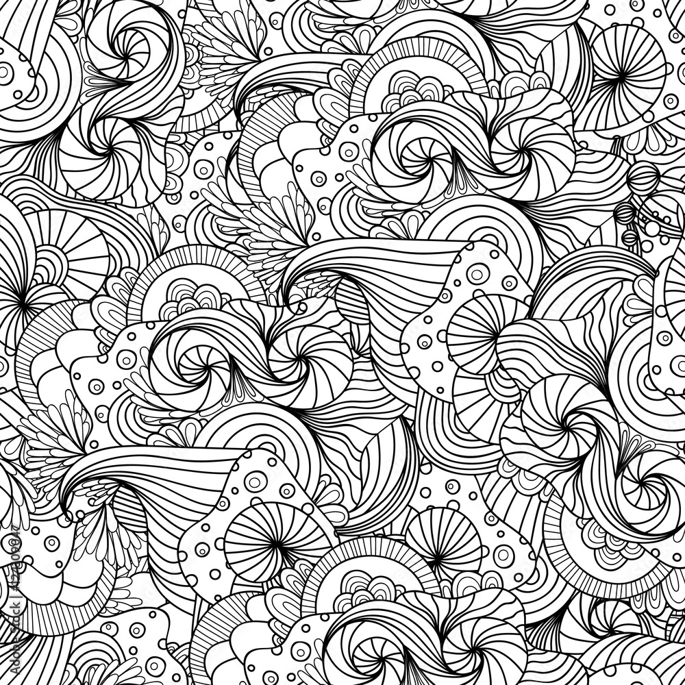 Doodle black and white abstract hand drawn vector background. Wavy zentangle style seamless ...