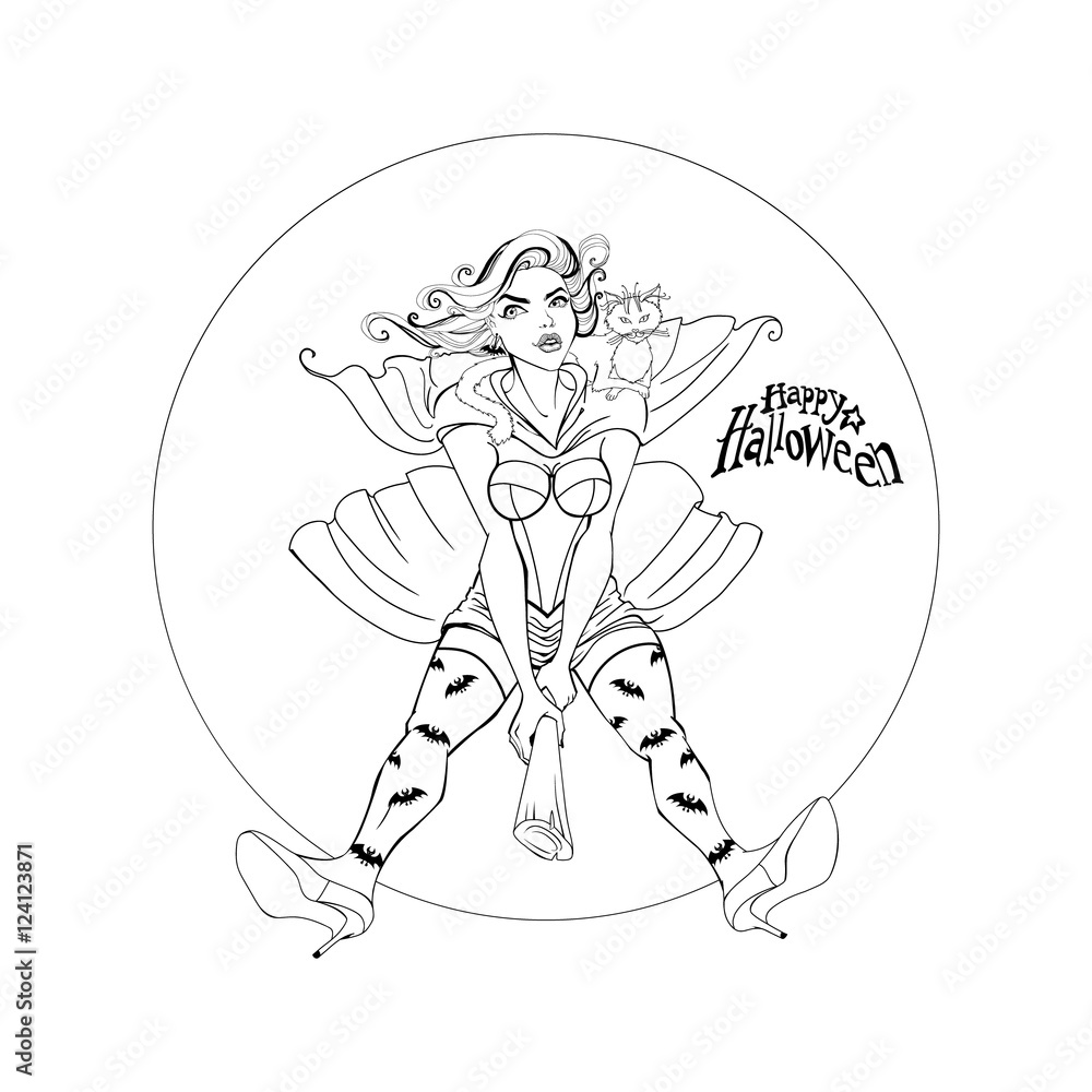 Sexy Girl Witch Flying In Front Of The Full Moon With Magical Broom