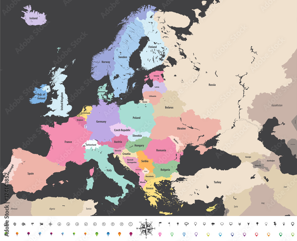 Europe high detailed vector political map with location\navigation ...