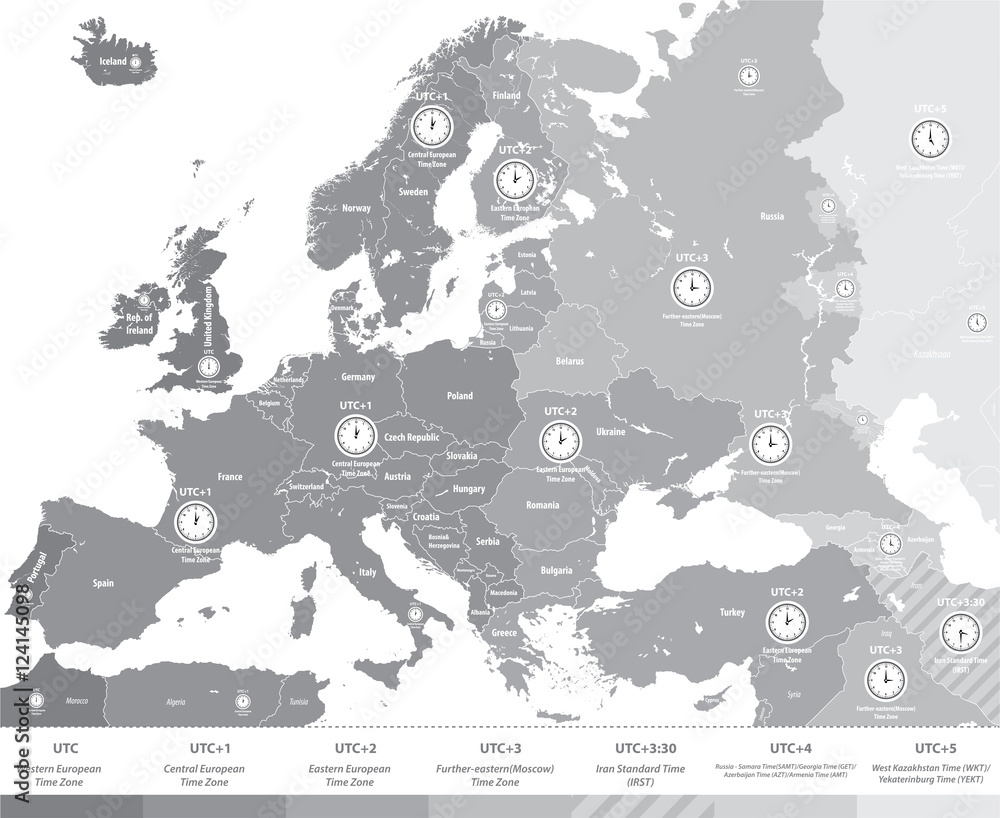 Europe vector time zones map in grey scales with location and clock ...