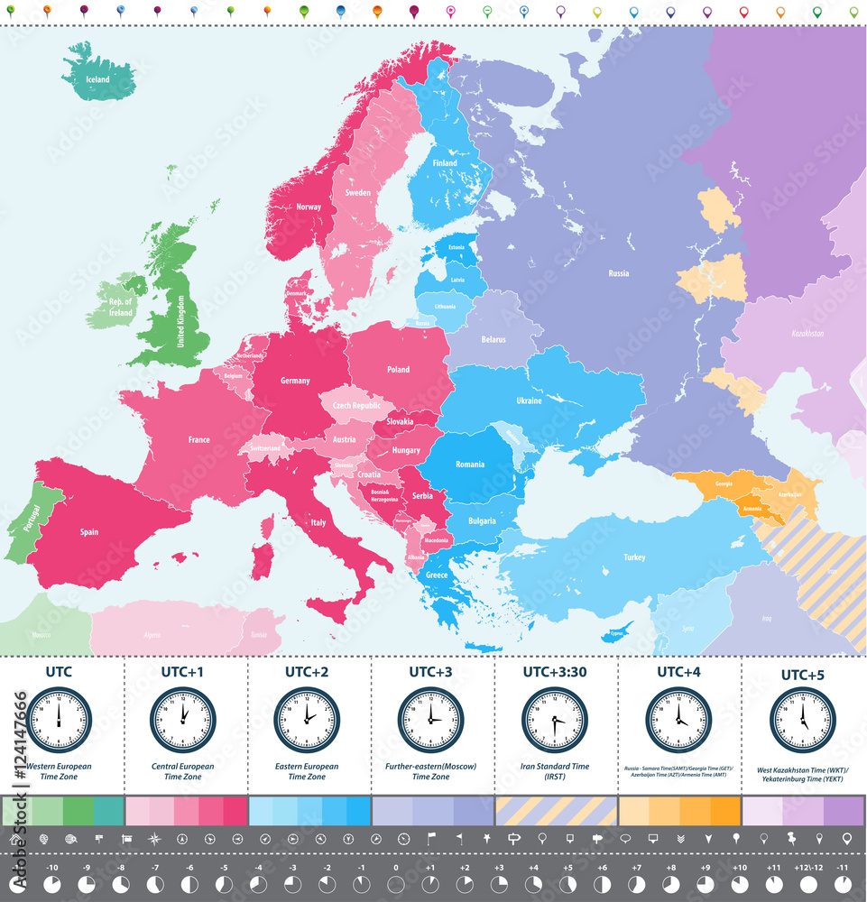 Europe time zones high detailed vector map with location and clock ...