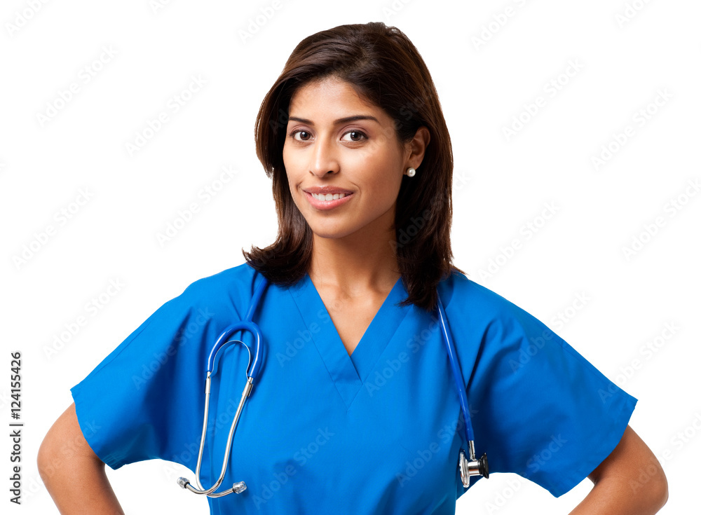 Photo Stock Attractive young female woman Latin Hispanic doctor nurse ...