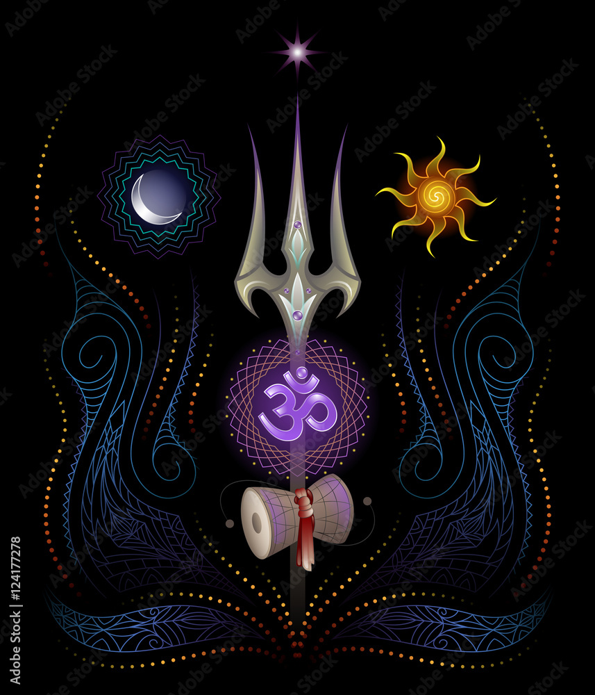 sacred symbols of yoga and lord shiva, trishul, sound om and drum ...