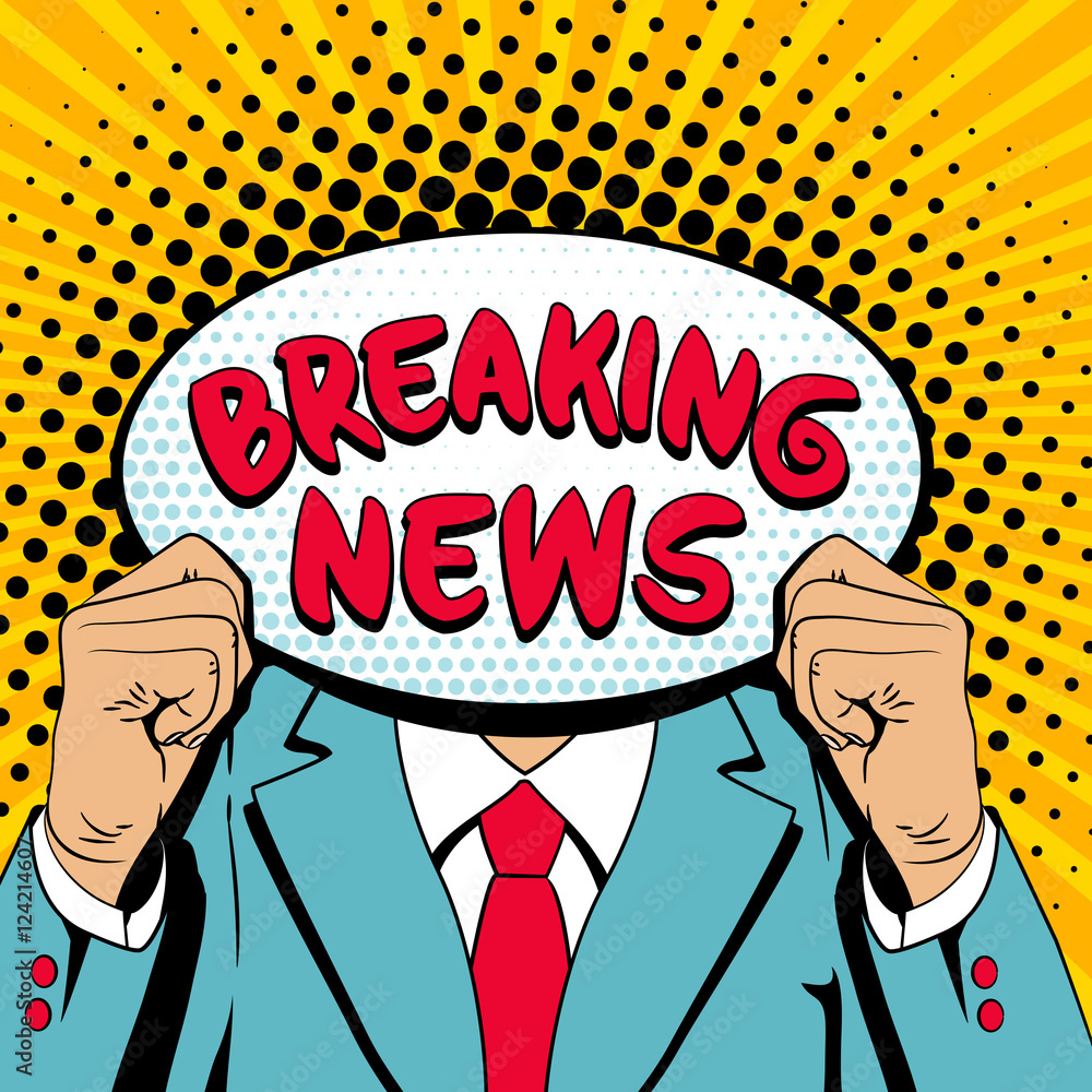 A man in a suit holding speech bubble with breaking news lettering ...