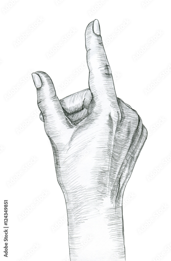 Hand gesture of a single pointing finger. Hand drawing in pencil ...