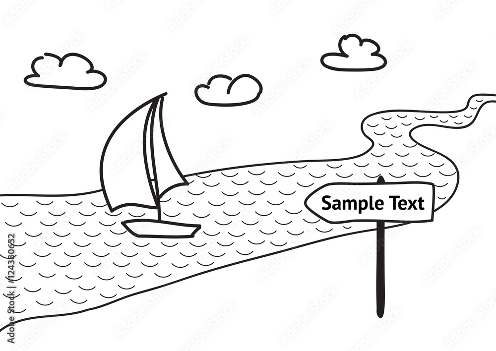 Hand drawn sketch vector illustration, sail boat floats on the river ...