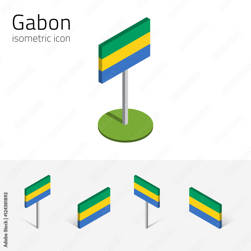 Gabon flag (Gabonese Republic), vector set of isometric flat icons, 3D style. African country ...
