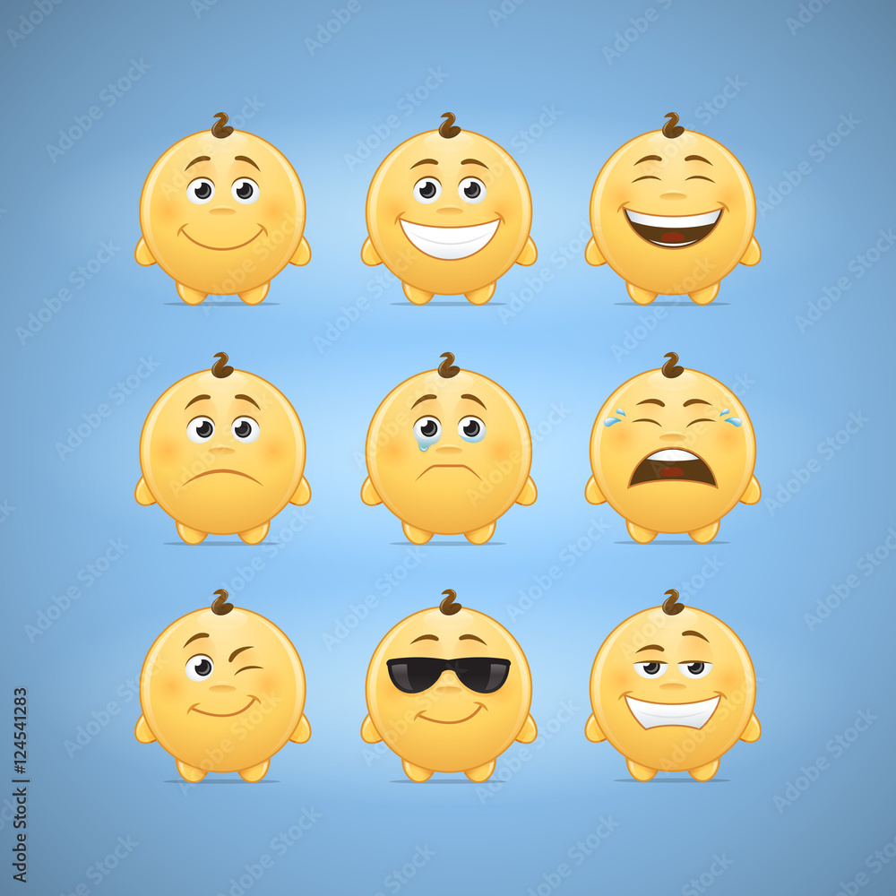 Emojis, first set of cute emoticons. Included emotions: happy smile ...