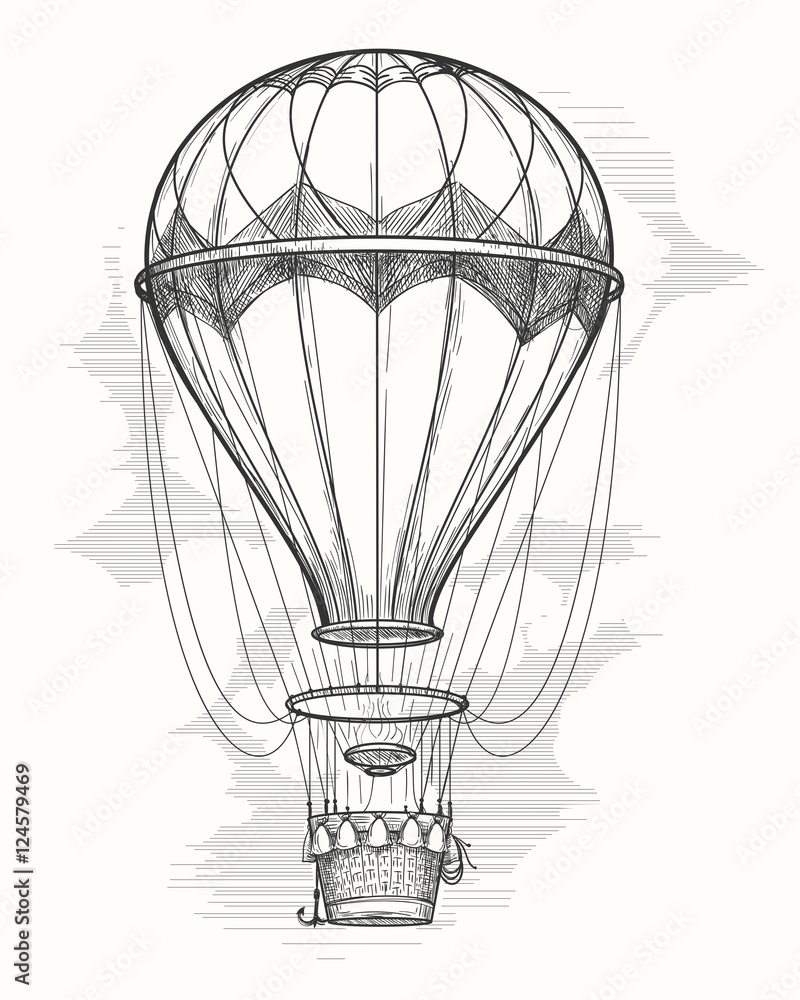 Retro hand drawing hot air balloon. Vintage hot air airship vector ...