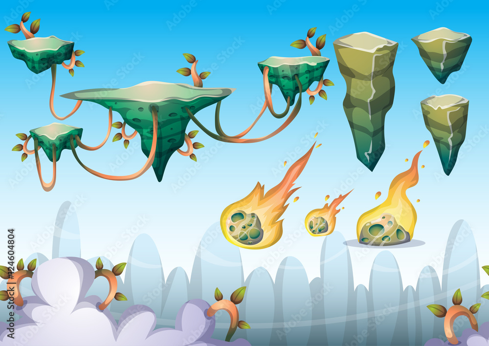 cartoon vector floating island object with separated layers for game ...