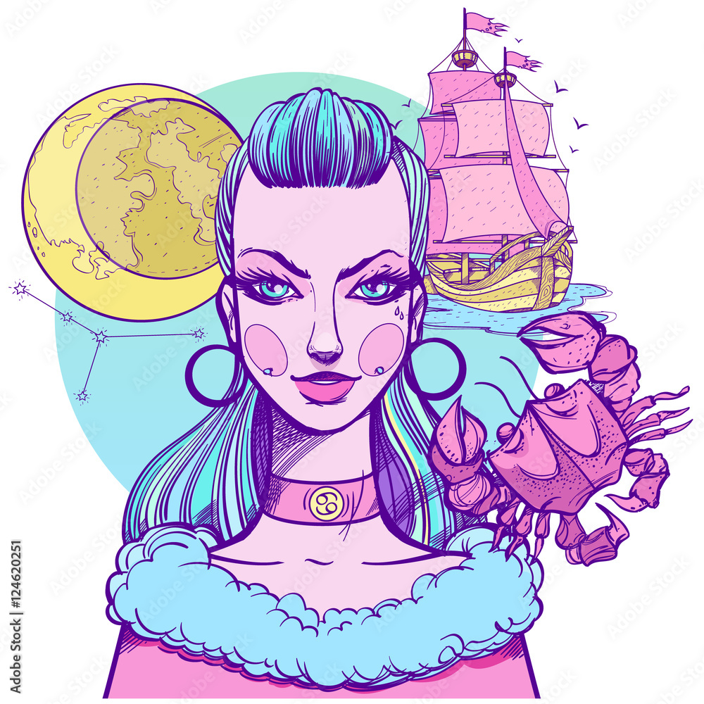 Girl symbolizes the zodiac sign Cancer. Pastel goth portrait. Stock ...