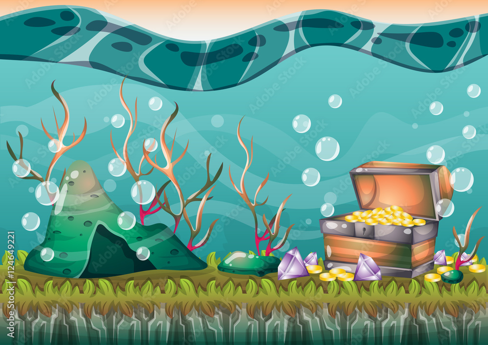 cartoon vector underwater treasure background with separated layers for ...