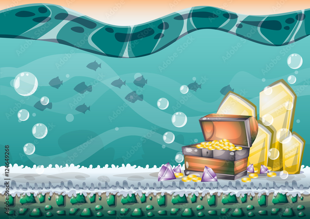 cartoon vector underwater treasure background with separated layers for ...
