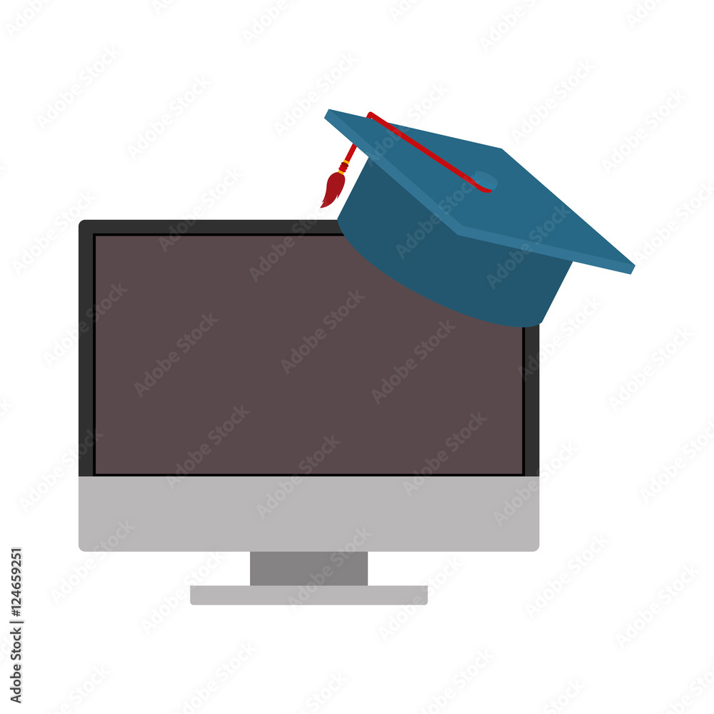 monitor computer with graduation cap over white background. vector ...