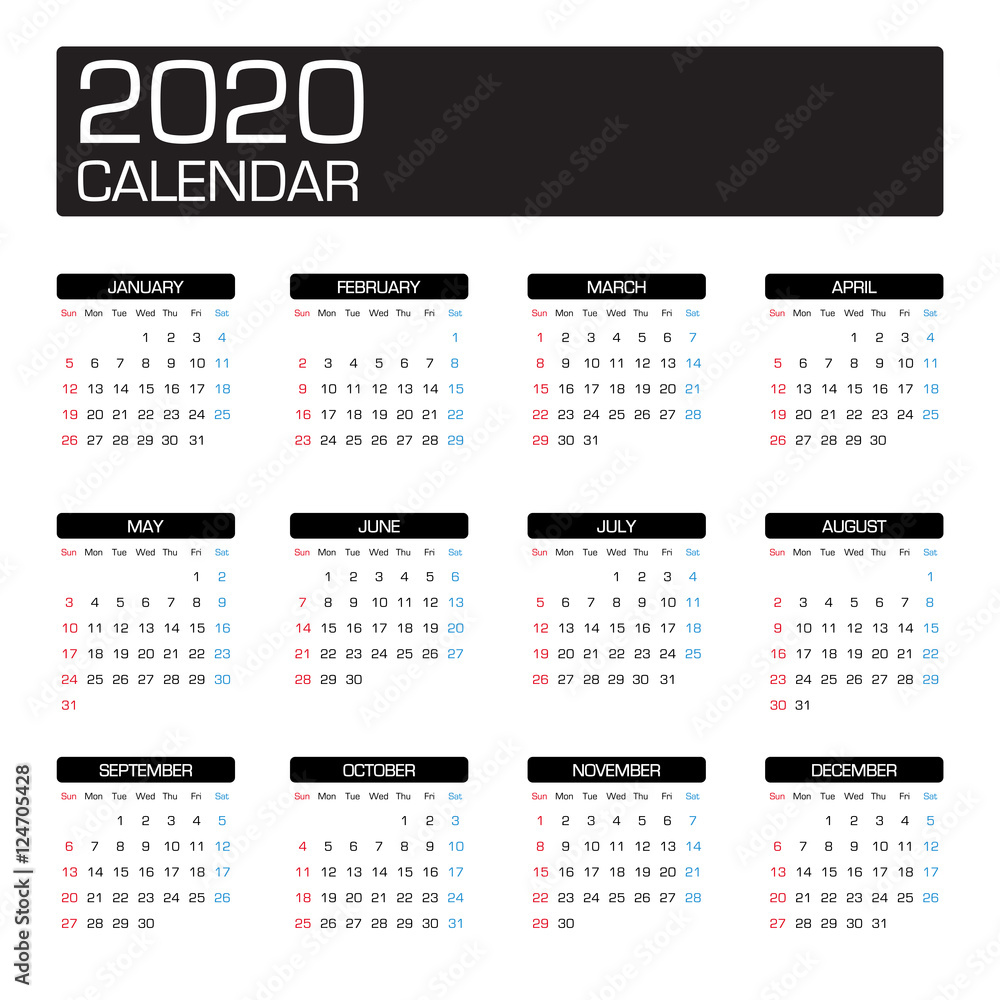 2020 year calendar template Stock Vector | Adobe Stock