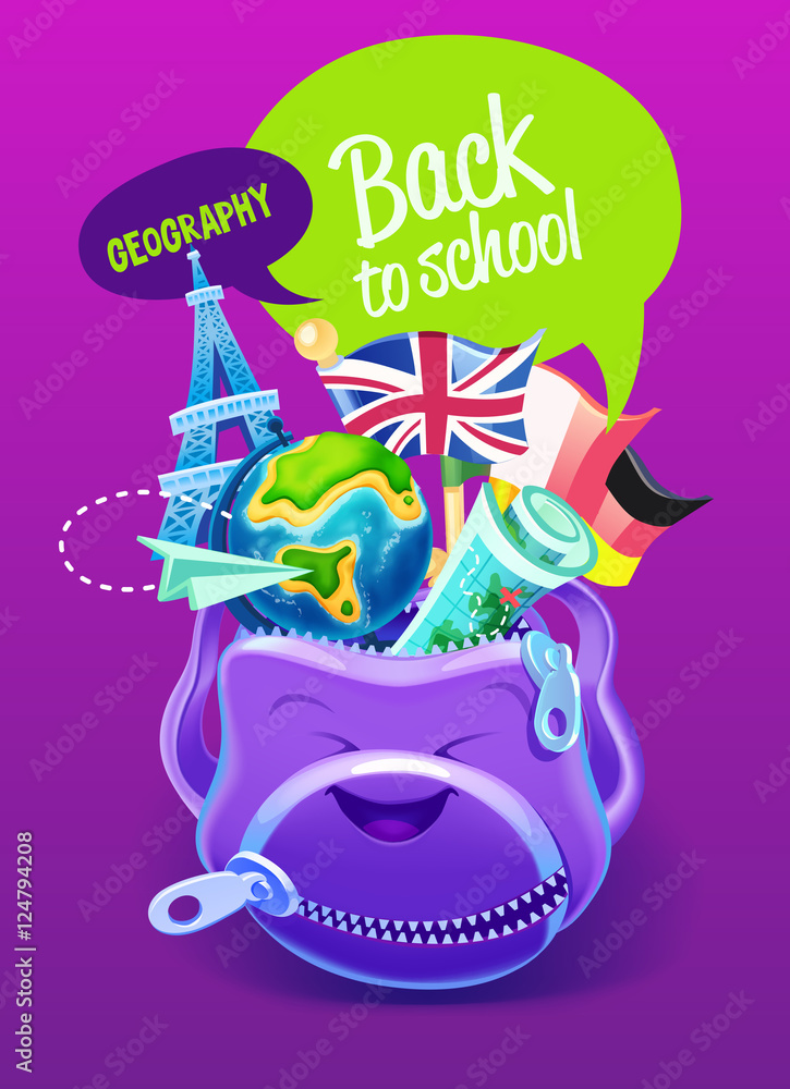 Colorful backpack with school subjects. Poster Design in Colorfu Stock ...