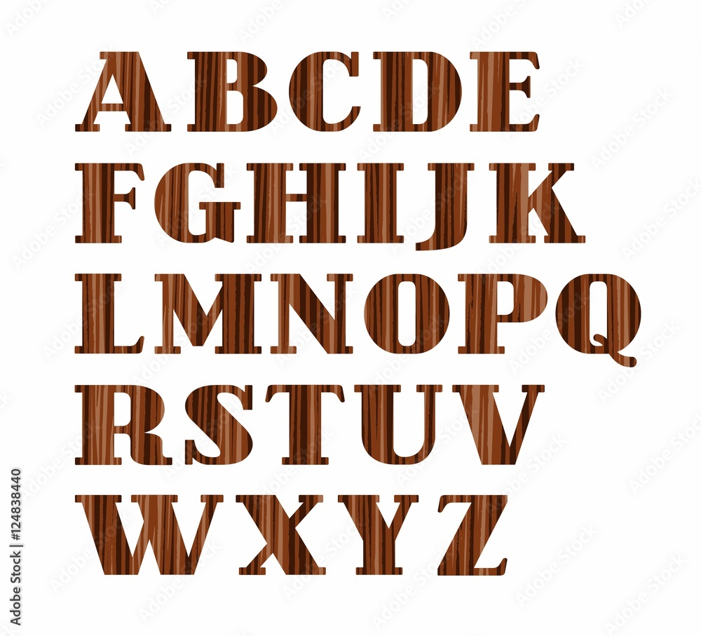 English alphabet, uppercase letters, wood texture, imitation, vector ...