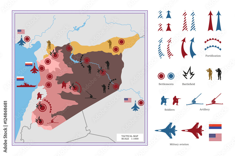 Vetor Military tactical map with icons. The conflict in Syria. do Stock ...