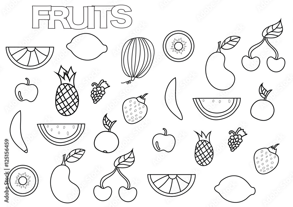 Hand drawn fruits set. Coloring book page template. Outline doodle ...