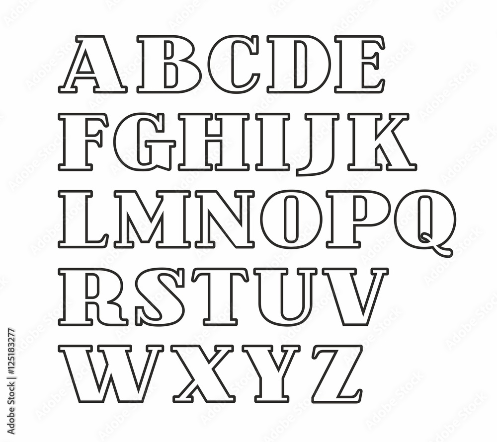 English alphabet, capital letters, thin black contour. Vector, white ...