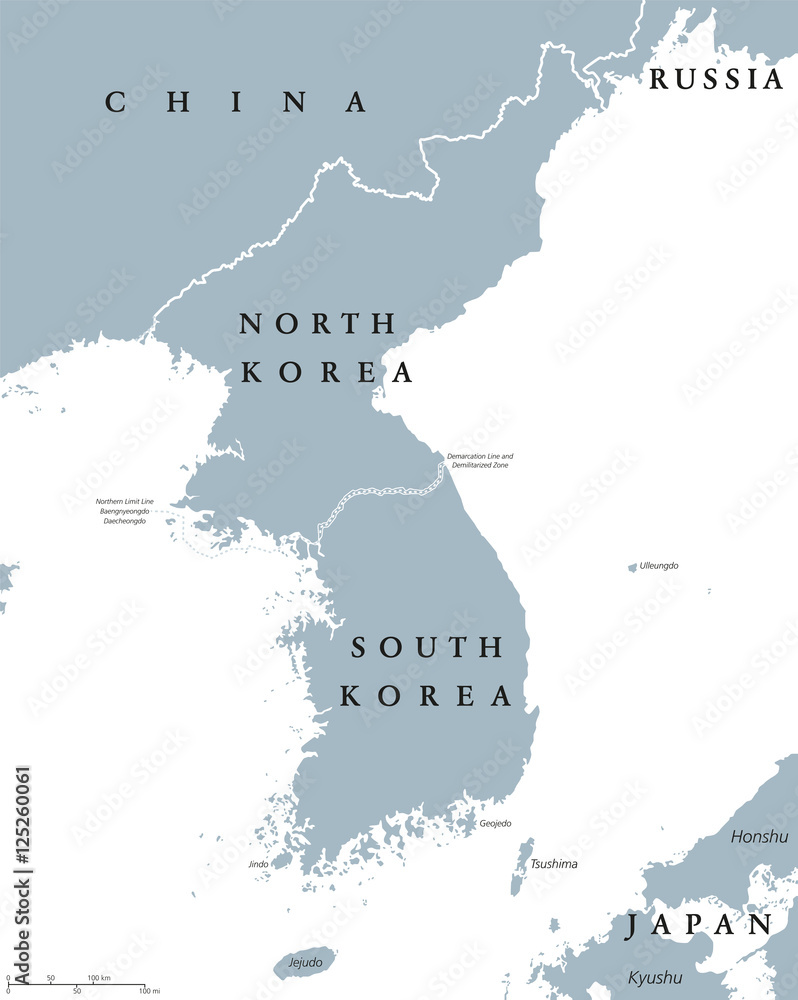 Korean peninsula countries political map with North and South Korea and ...
