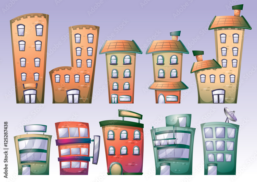 cartoon vector building objects with separated layers for game art and ...