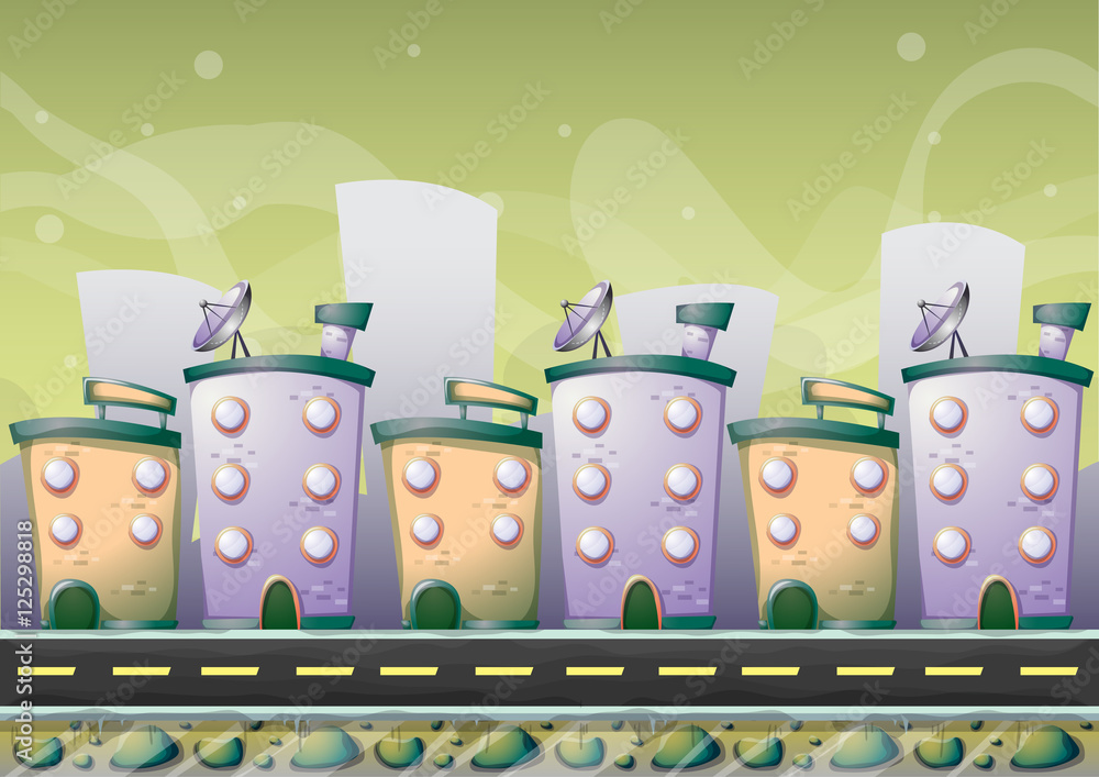 cartoon vector building background with separated layers for game art ...