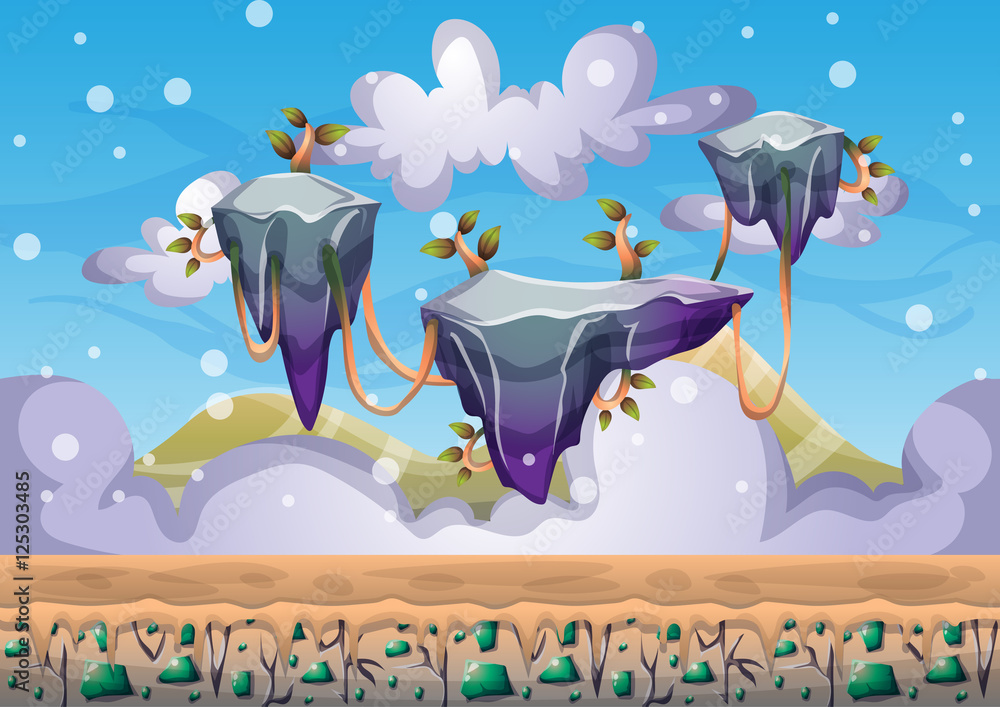 cartoon vector floating island background with separated layers for ...