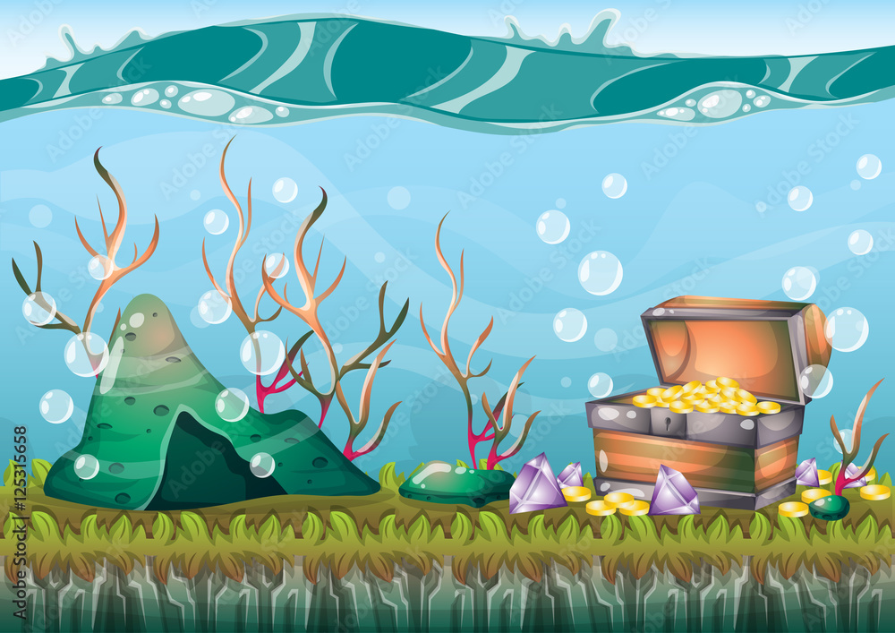 cartoon vector underwater treasure background with separated layers for ...
