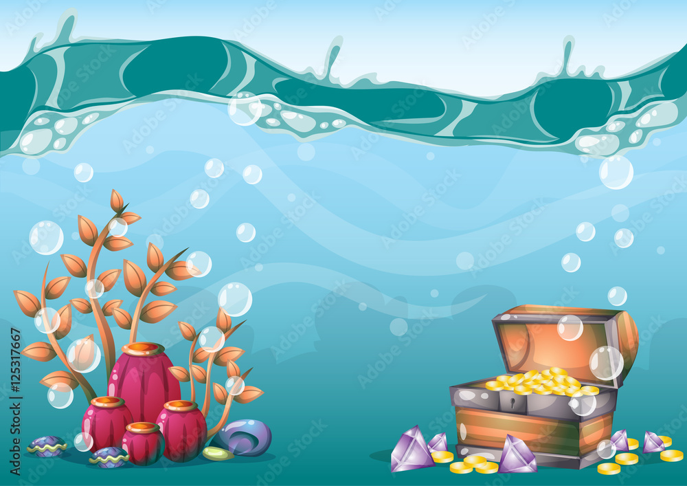 cartoon vector underwater treasure background with separated layers for ...
