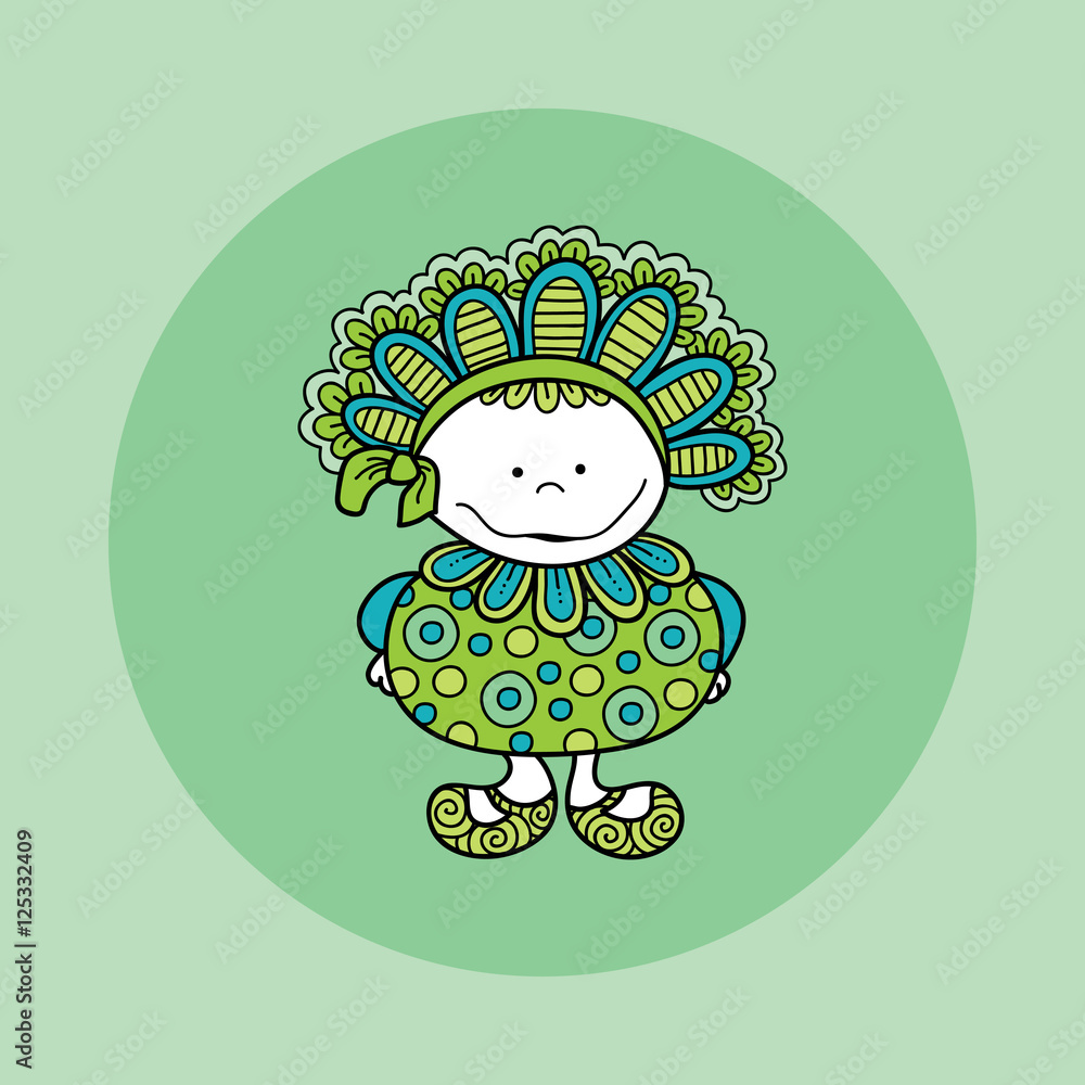 Cute and fun doodle doll vector illustration with big bonnet, bow, big ...