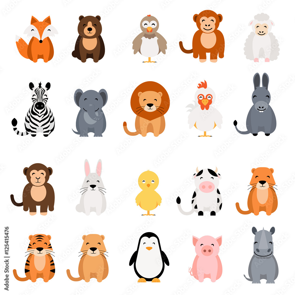 Cute vector animal set on white background. Fox, bear, elephant, bear ...